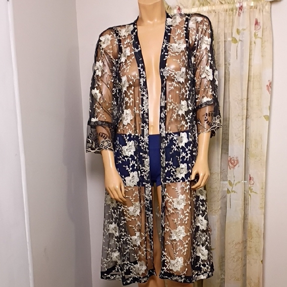 Intimates & Sleepwear | Elegant Sheer Floral Lace Robe Black With ...
